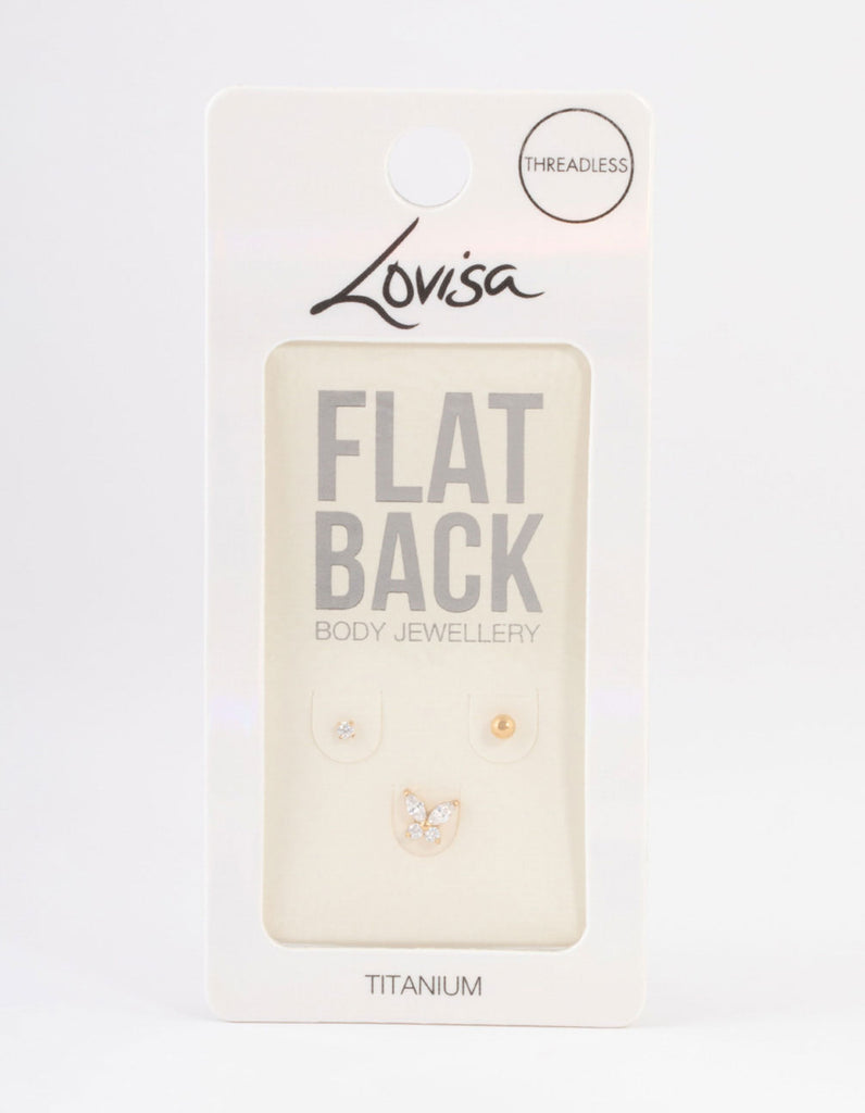 Gold Plated Titanium Butterfly Threadless Flat Back Pack - Lovisa