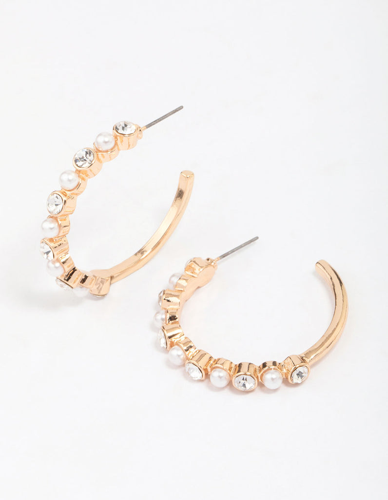 Gold Pearl Diamante Encased Hoop Earrings - Lovisa