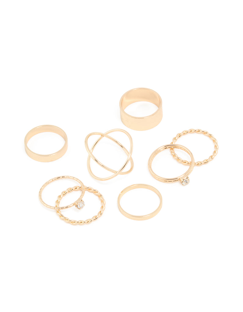 Gold Thick & Diamante Stack Ring 8-Pack - Lovisa