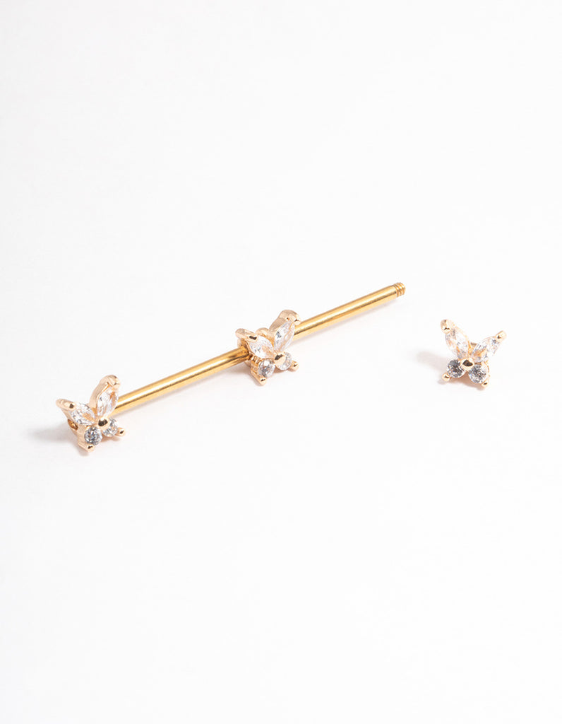 Gold Plated Surgical Steel Triple Butterfly Industrial Bar - Lovisa