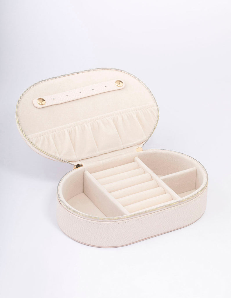 Cream Faux Leather Oval Compact Jewellery Box - Lovisa