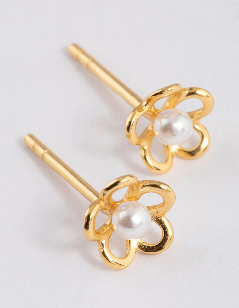 Gold Plated Sterling Silver Pearl & Flower Stud Earrings - Lovisa