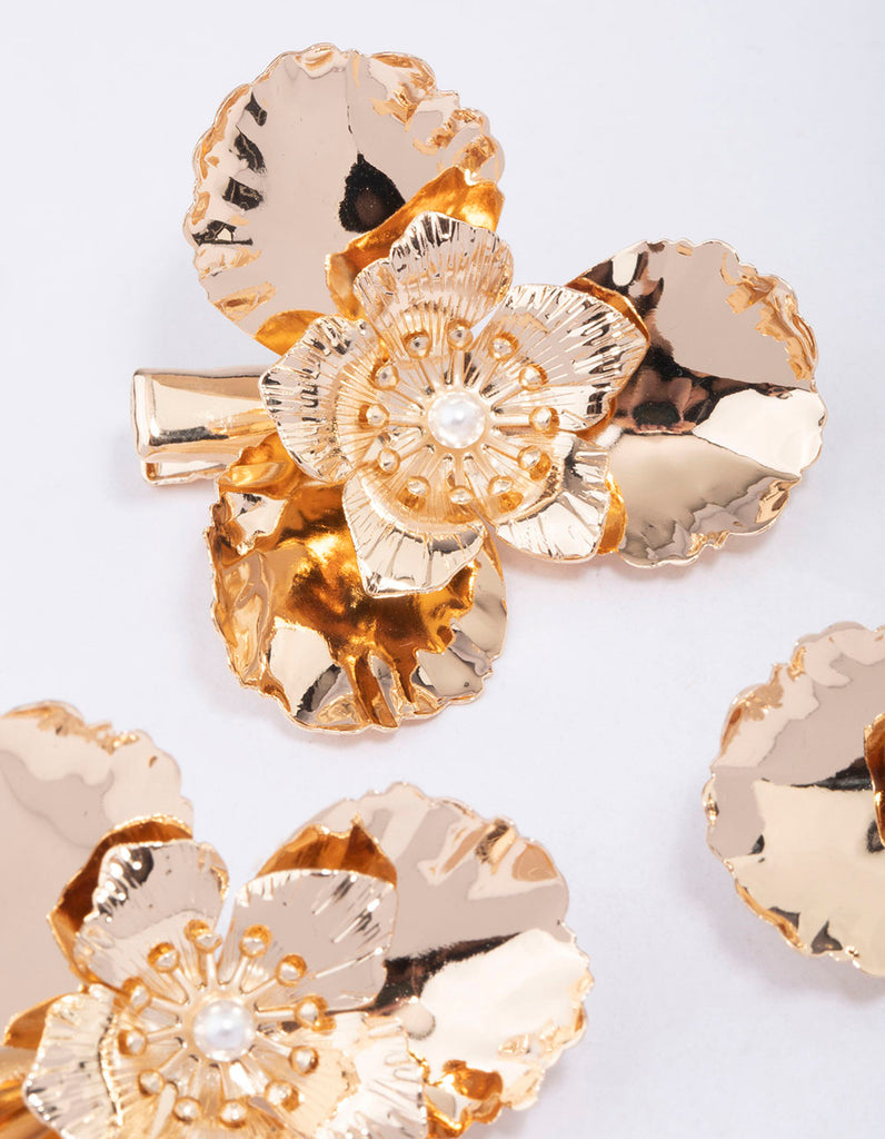 Gold Medium Pearl Flower Hair Clips 3-Pack - Lovisa