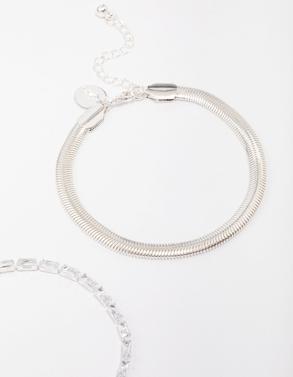 Silver Plated Cubic Zirconia Baguette Snake Double Chain Bracelet Pack - Lovisa