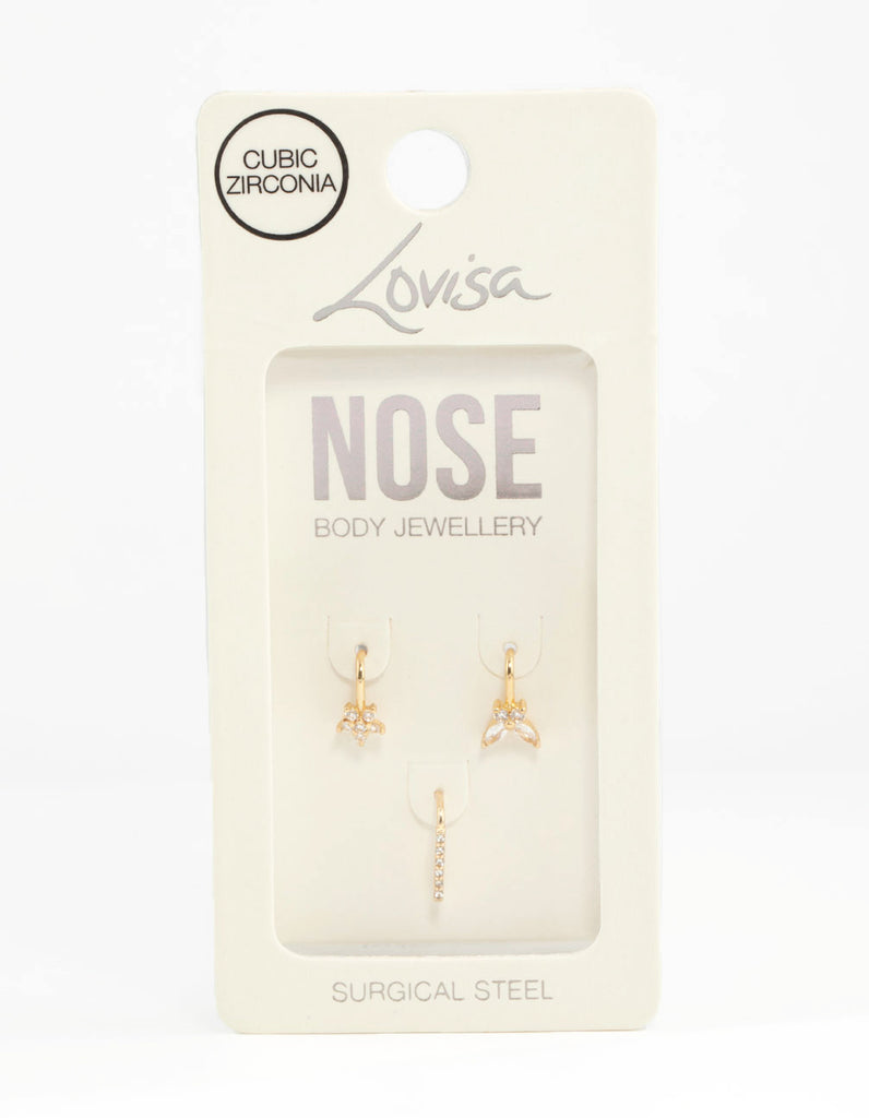 Gold Plated Nature Faux Nose Studs 3-Pack - Lovisa