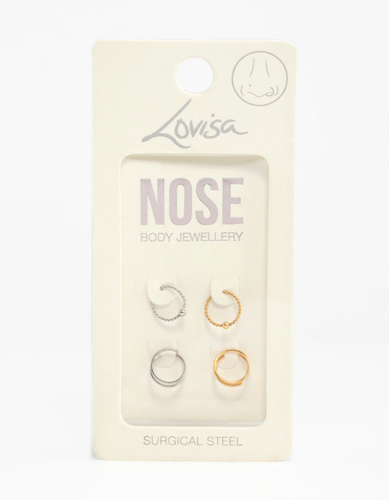 Mixed Metals Rope & Spiral Nose Rings 4-Pack - Lovisa