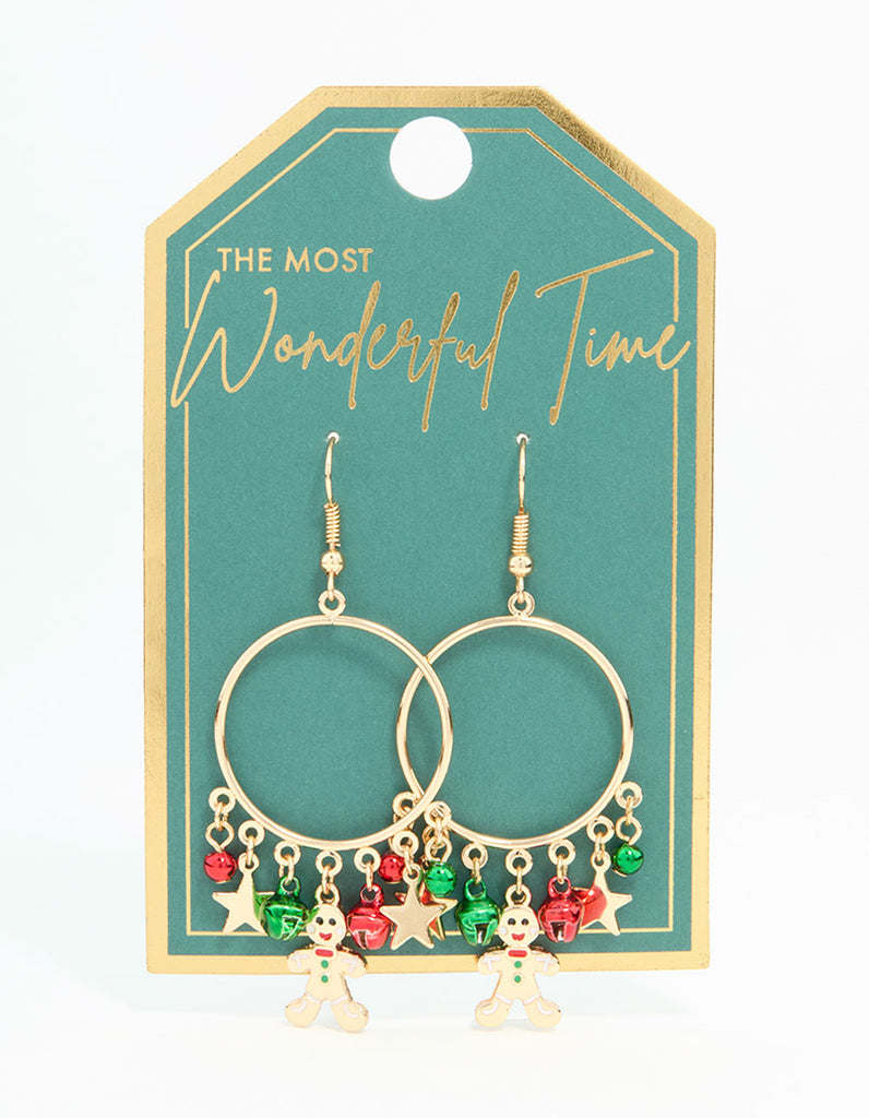 Gingerbread Man & Bells Gold Hoop Drop Earrings - Lovisa