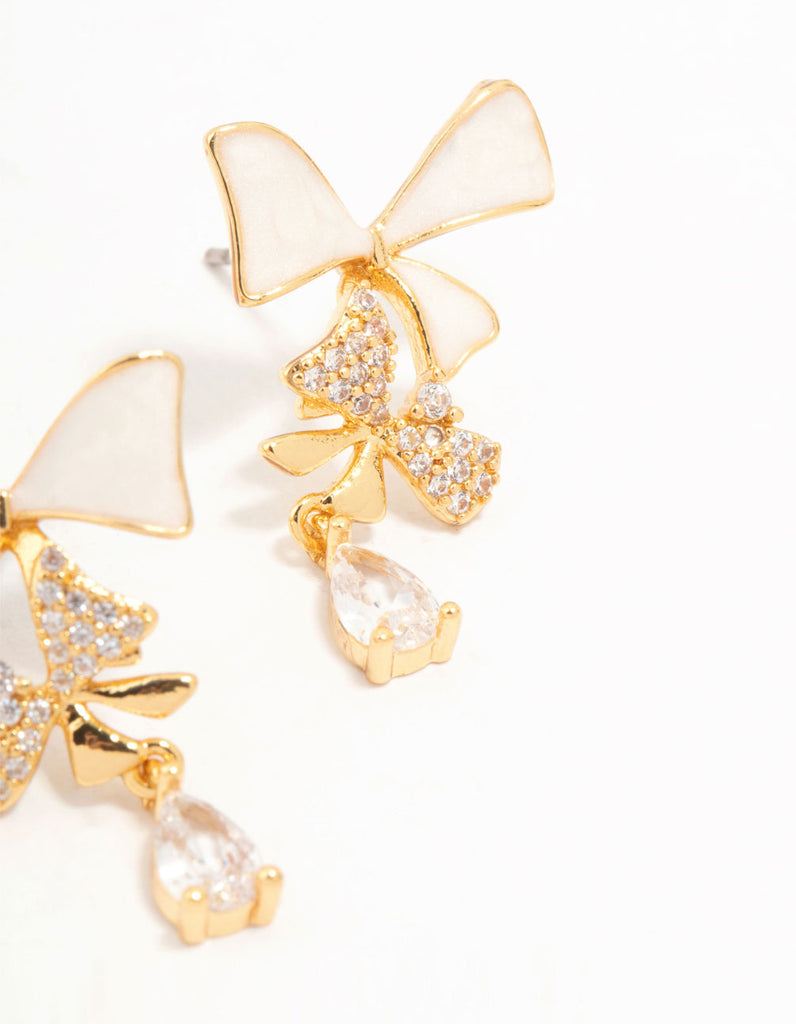 Real Gold Plated Cascading Cubic Zirconia & Cream Bow Drop Earrings ...