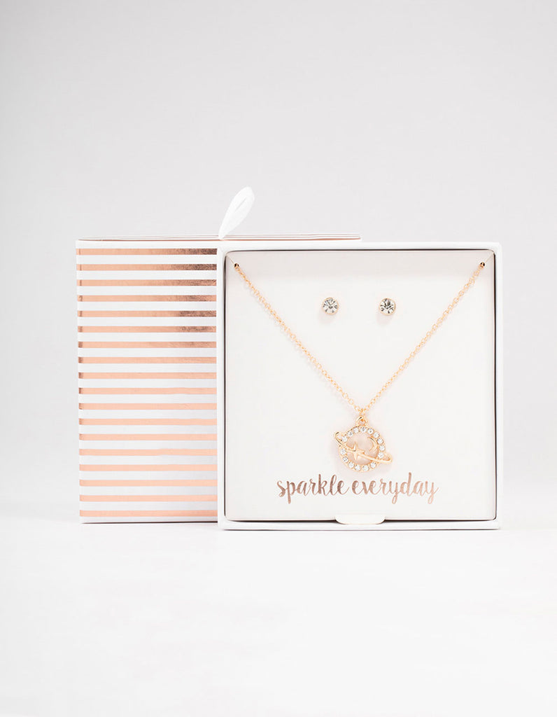 Gold Diamante Planet Necklace & Stud Earrings Set - Lovisa