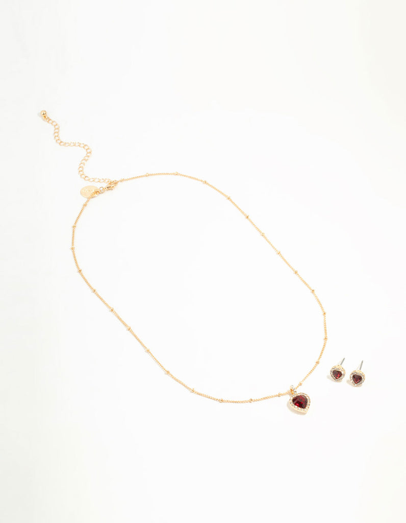 Gold Red Diamante Heart Necklace & Stud Earrings Set - Lovisa