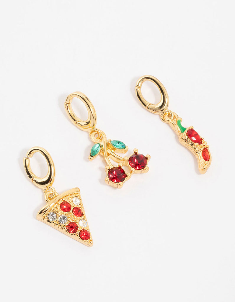 Gold Plated Diamante Cherry & Pizza Charms 3-Pack - Lovisa
