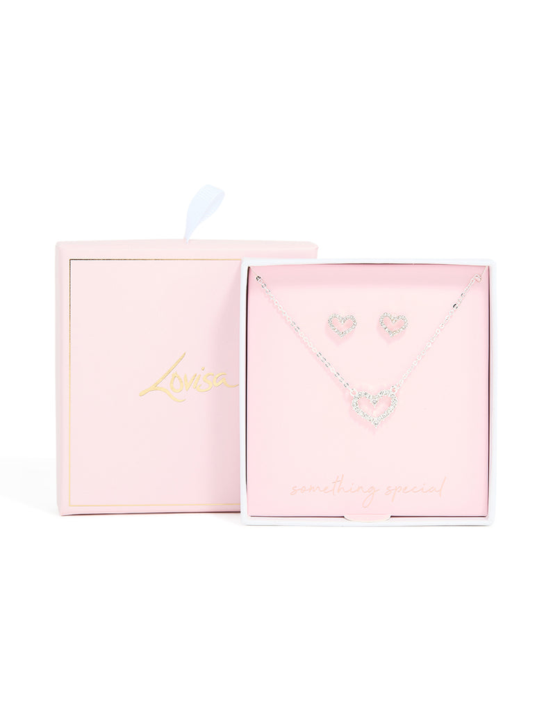 Silver Diamante Open Heart Necklace & Earrings Set - Lovisa